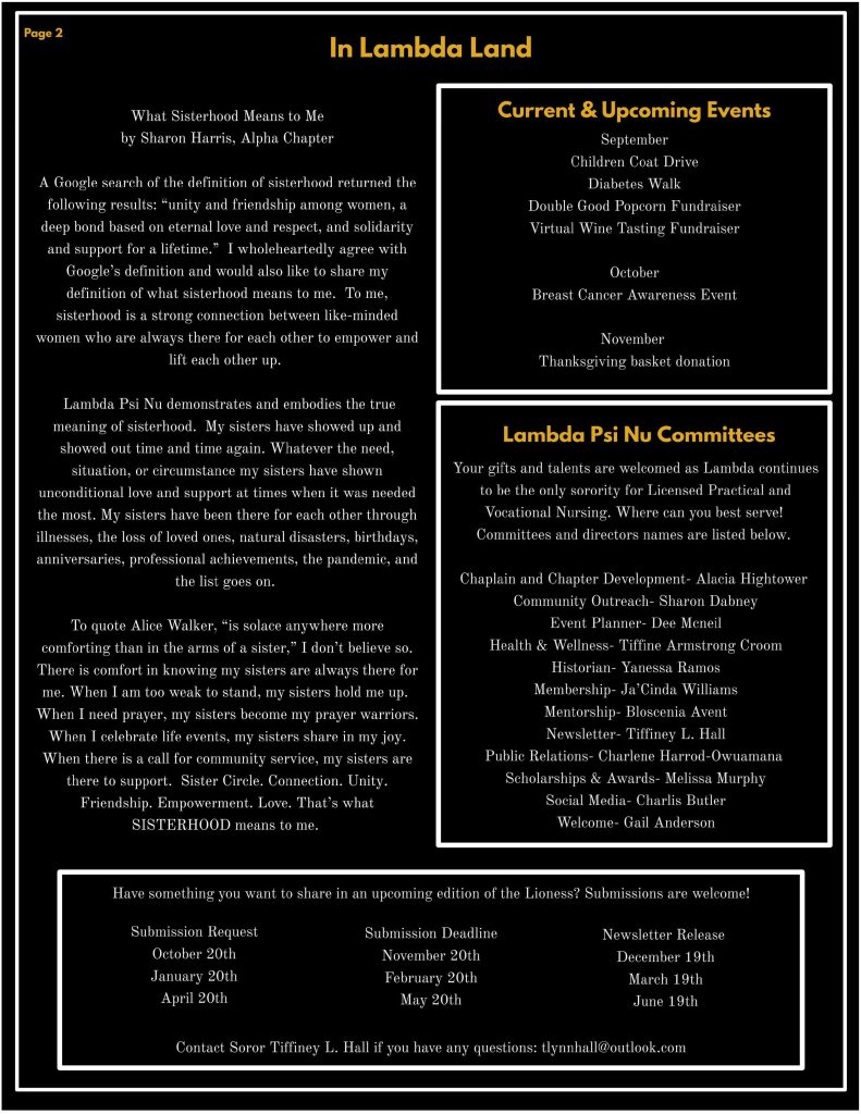 Lioness September 2021 – Lambda Psi Nu | Nursing Sorority